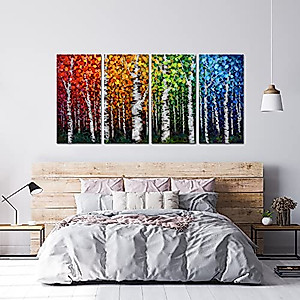 4pcs Large 4 Seasons Canvas Birch Tree Wall Art Modern Branches Oil Painting Falls Leaves Picture Landscape Prints Framed for Bathroom Living Room Bedroom Home Office Decor Each Panel 16x32inch (Large)