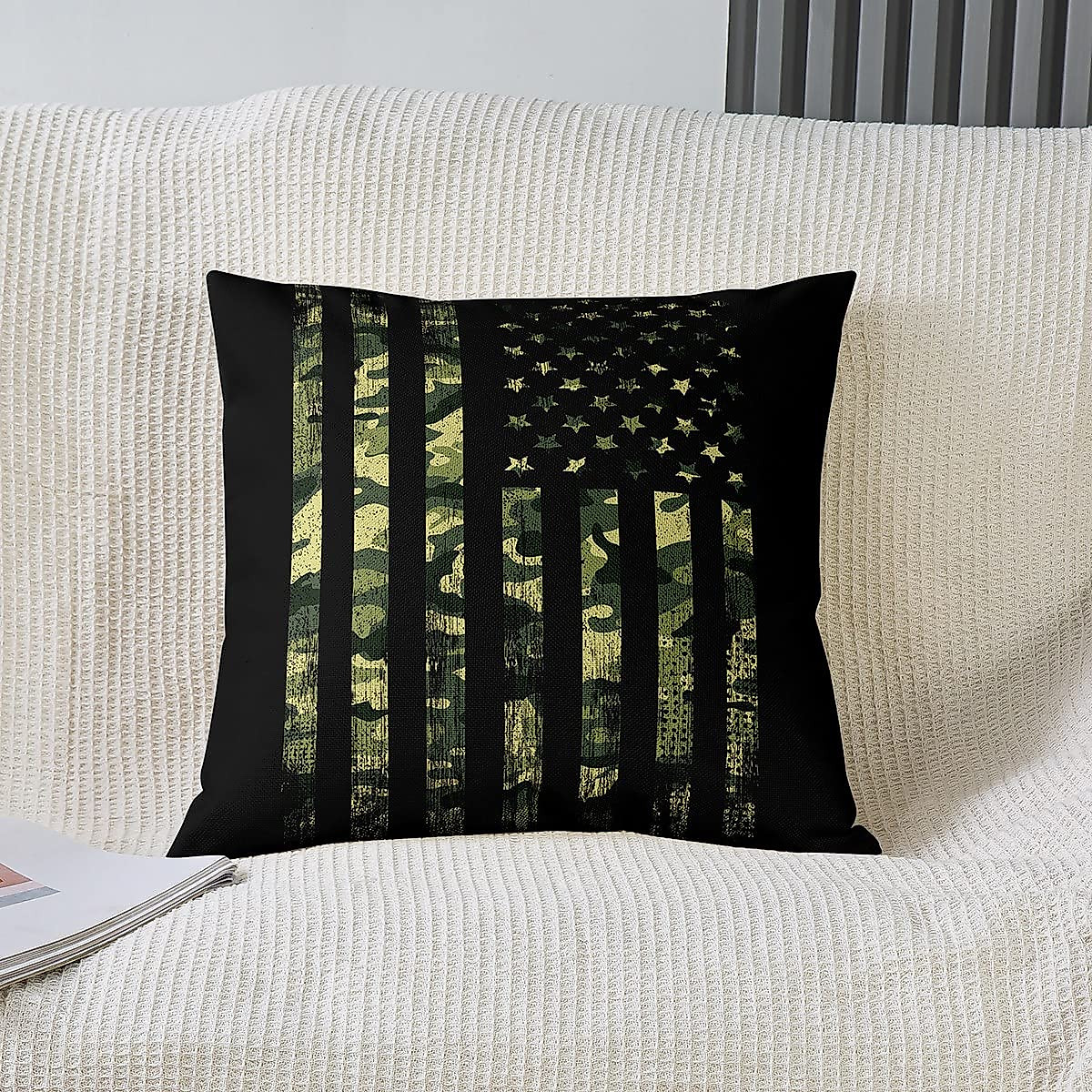 Set of 2 Camo American Flag Throw Pillow Covers 18x18 Inch, Green Camouflage Pillow Covers for Adults Kids Boys, Black Vintage Army Militarily Cushion Covers, Geometric Star Stripe Flag Cushion Cases