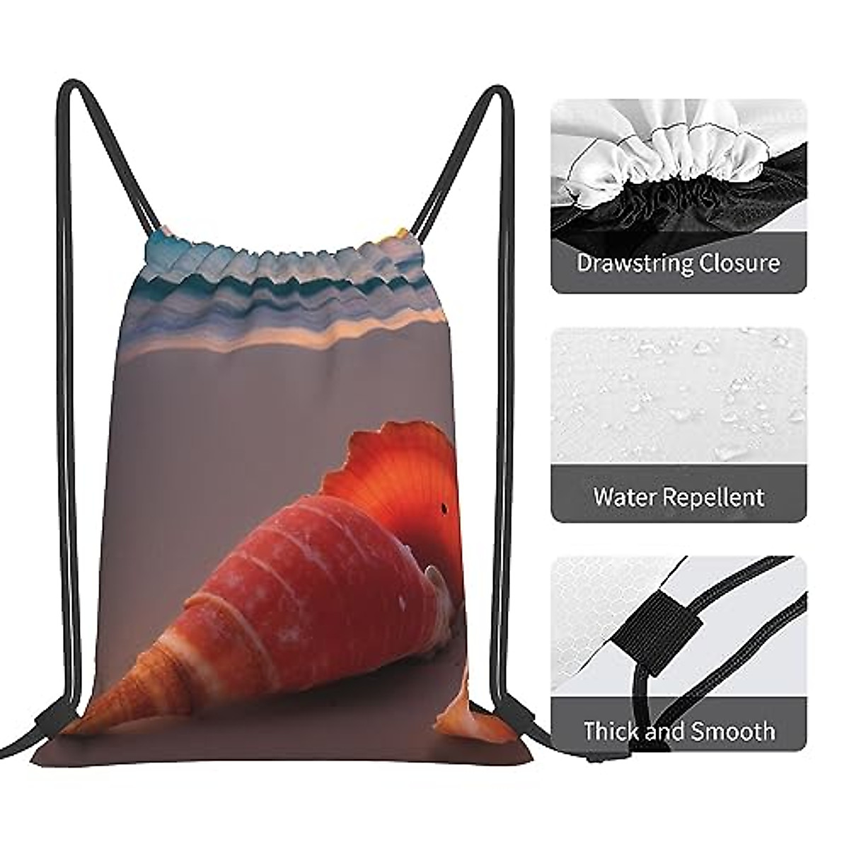 Shell Beach Sunset Drawstring Backpack For Men And Women'S Sports And Fitness Bag, Large Size, Zippered Pocket, Lightweight, Foldable And Portable For Travel