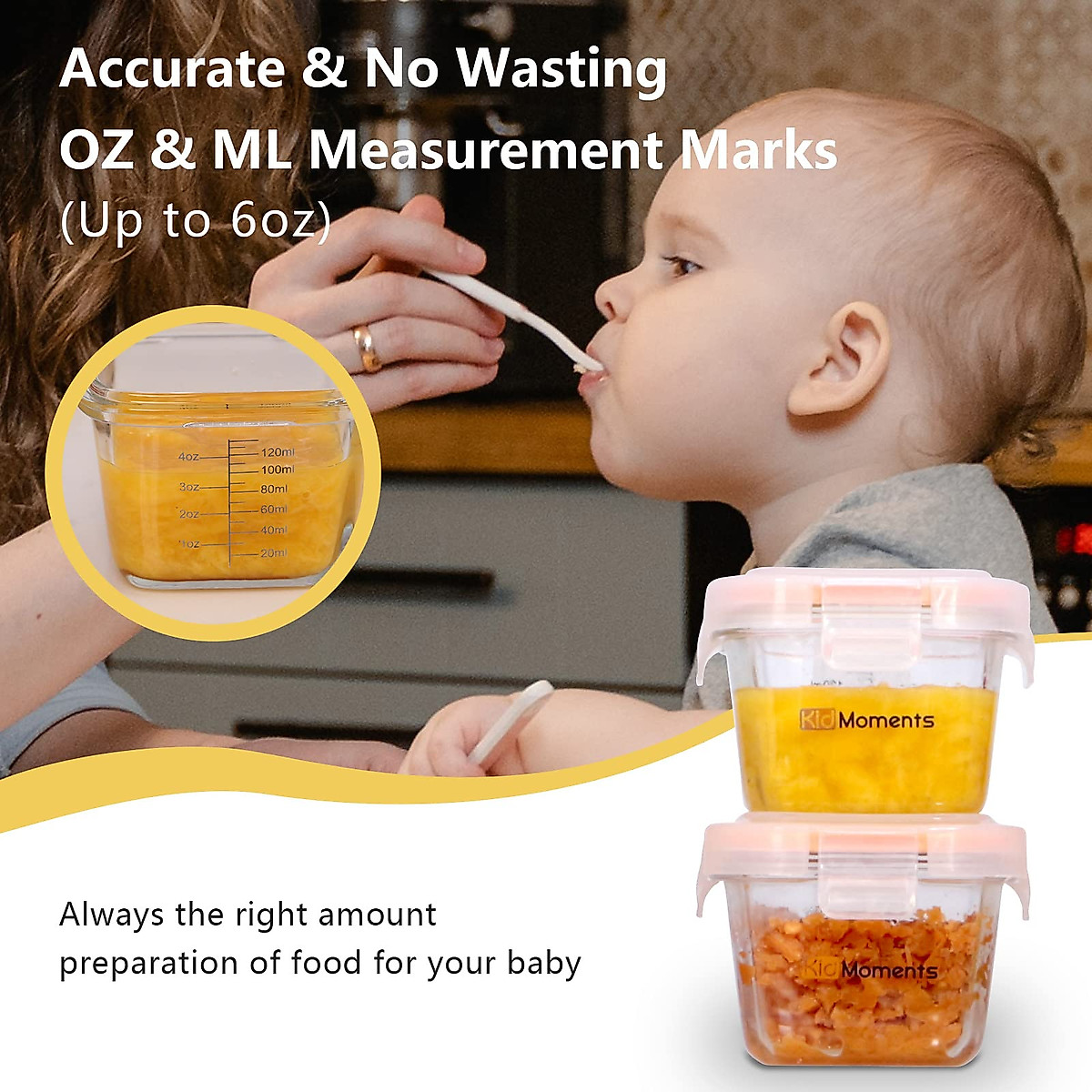 KidMoments 6 oz Set of 12 Glass Baby Food Jars, Glass Containers with Airtight Lids for Toddler, Reusable Leakproof Baby Bullet Jars with Small Size, Oven, Freezer, Microwave & Dishwasher Safe