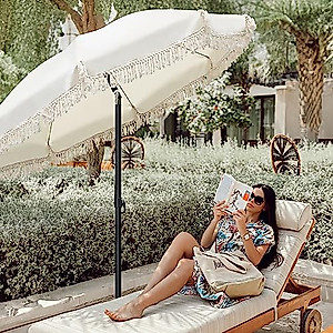 FULLSUN PARASOL Patio Umbrellas with Fringe, 6.5ft Beach Umbrella Outdoor Heavy Duty Wind Portable, UV 50+ Boho Parasol with Sand Anchor & Carry Bag for Garden Pool Backyard