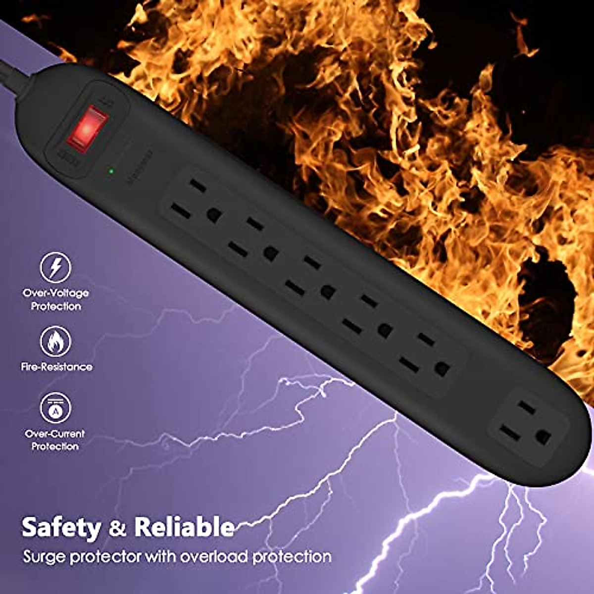 Power Strip Surge Protector with 6 AC Outlets, Manymax 6Ft Extension Cord, 1050J Surge Protection, Overload Protection (125V/15A/1875W), Wall Mount Power Strip for Home, Office, Hotel-Black (1 Pack)