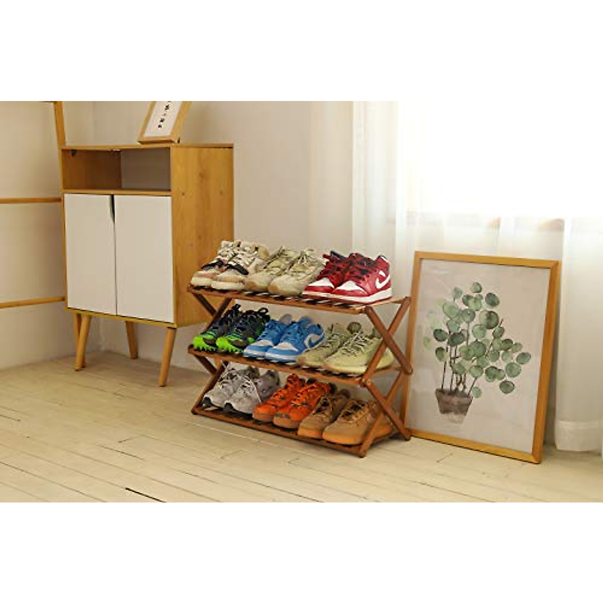PENGKE 3 Tier Shoe Rack,Multi Tier Foldable Bamboo Shoe Organizer Rack Multifunctional Storage Free Standing Shoe Shelf