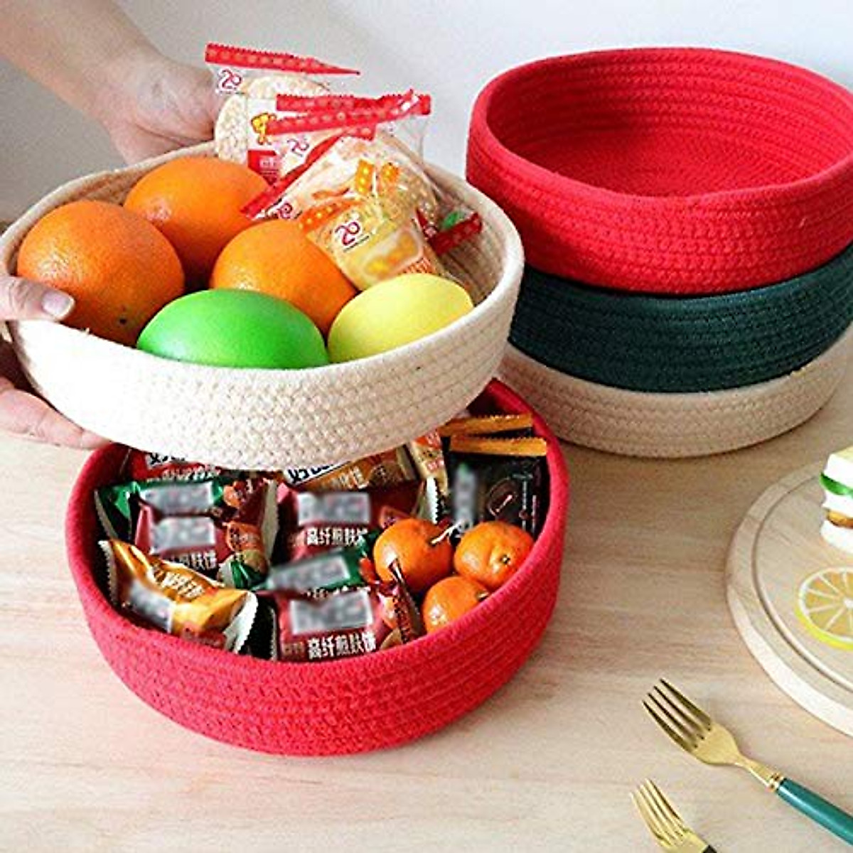 tbpersicwT Storage Basket Stackable Large Capacity Simple Design Decorative Woven Cotton Rope Baskets for Bedroom Red