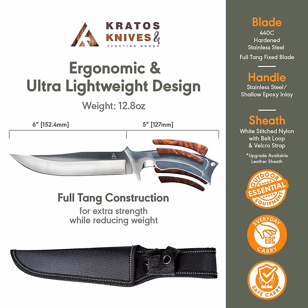 KRATOS Hunting Knife with Nylon Sheath, 10" Fixed Blade Full Tang Knife with 440C Hardened Stainless Steel & Solid Metal Handle for Bushcraft ZF2