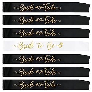 SKJIAYEE 7Pcs Bachelorette Sash Set-White Gold Bride to be Sash and 6Pcs Black Gold Bride Tribe Sash for Hen Party and Bridal Shower Party Supplies-Wedding Engagement Party Accessories Favors Gift