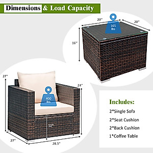 Tangkula 3 Pieces Patio Furniture Set, Outdoor Conversation Rattan Furniture Set w/Washable Cushion and Tempered Glass Tabletop, PE Rattan Wicker Sofa Set for Garden Poolside Balcony