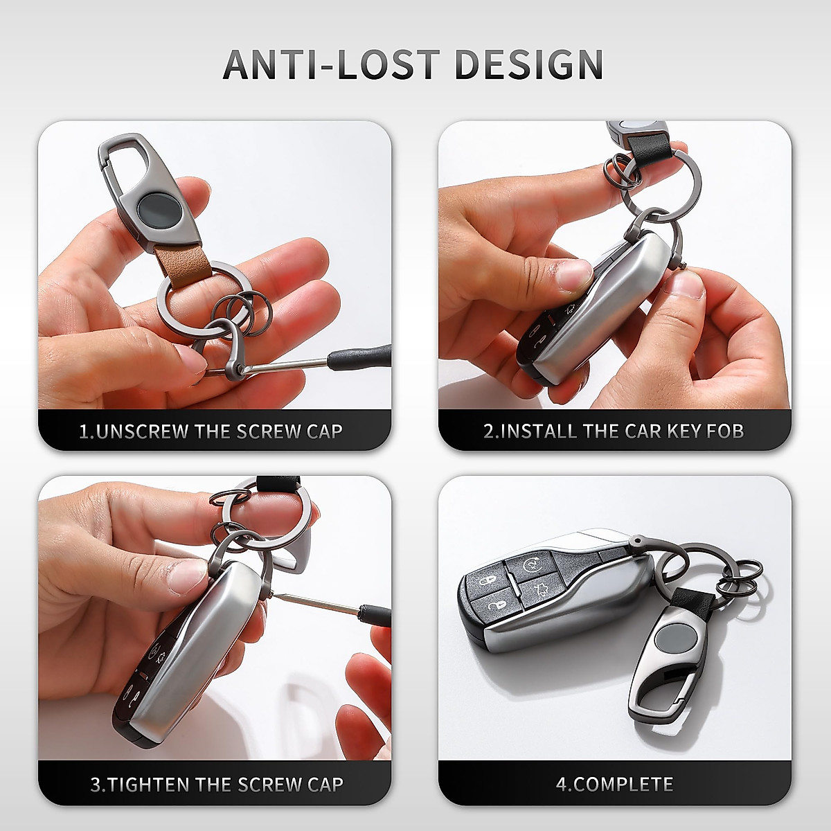 Gkeygo Carabiner Keychain, Key Chains for Car Key with 2 Key Rings and Anti-Lost D-Ring, Multifunctional Keychains for Men and Women – Grey(Brown Leather)