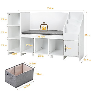 Kids Bookshelf with Reading Nook, Toddler Bookcase with Seat Cushion and Adjustable Shelf, Storage Bench with Book Rack for Bedroom, Playroom, Nursery, White