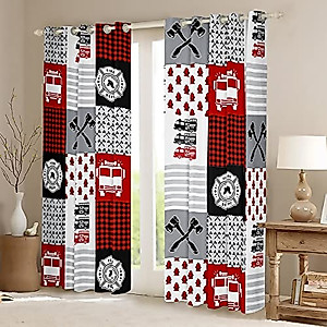 5Pcs Red Fire Truck Car Duvet Cover Set Queen Size & Curtain Set: 1 Duvet Cover + 2 Pillowcase + 2 Panels of 42 W x 63 L inch Each