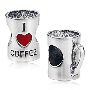 JORLLA I Love Coffee Charm Solid 925 Sterling Silver Red Enamel Heart Cup Bead for European Bracelet