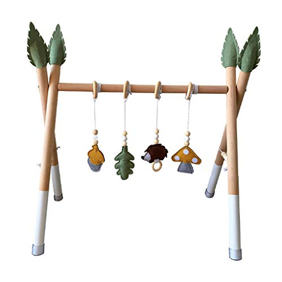 menolana Portable Wooden Baby Gym, Foldable Baby Play Gym Frame with Wooden Baby Toys, Baby Exercise Activity Gym Hanging Bar Newborn Baby Gift - JSJ3-9, with 4 Hanging Toys
