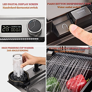 304 Stainless Steel Kitchen Sink,Nano Digital Display Waterfall Sink,with Flying Rain Pull-Out Faucet, Pressurized Cup Washer,Knife Holder Box (Color : Black Grey, Size : 80x46x23.5cm)