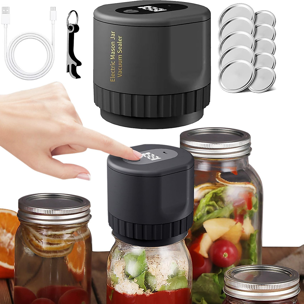 Vacuum Jar Sealer, Mason Vacuum Sealer Kit, Electric Mason Jar Vacuum Sealer for Wide Mouth and Regular Mouth Mason Jars, Comes with 10 Lids (Black)