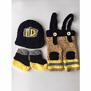 Pinbo Baby Photography Prop Crochet Knitted Firefighter Fireman Hat Pants Shoes