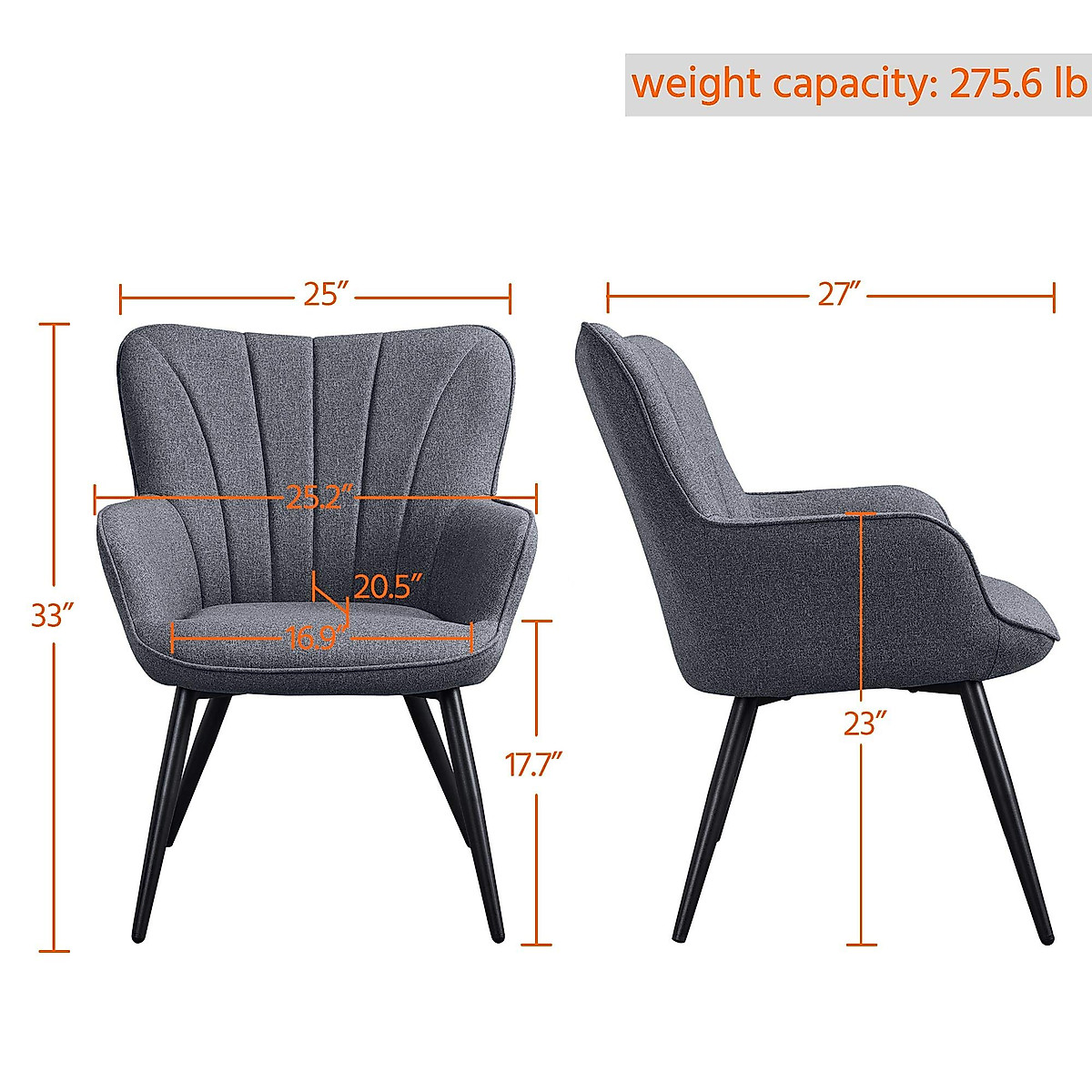 Yaheetech Accent Chair, Modern and Elegant Armchair, Linen Fabric Living Room Chair Vanity Chair with Metal Legs and High Back for Living Room Bedroom Office Waiting Room, Set of 2, Grey
