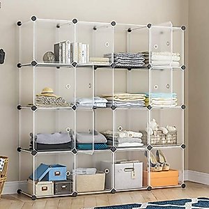 KOUSI Portable Storage Cubes-14 x14 Cube (16 Cubes)-More Stable (add Metal Panel) Cube Shelves with Doors, Modular Bookshelf Units，Clothes Storage Shelves，Room Organizer for Cubby Cube