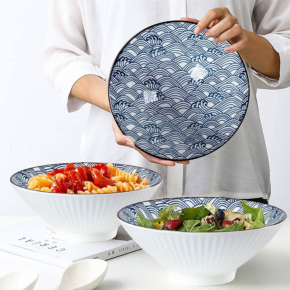 QINLANG 38 oz Japanese Ramen Bowls, Cereal Bowls, Soup Bowls, Pho Bowls, Noodle Bowls, 8 in Blue and White Ceramic Bowls Set of 4, Wave Pattern