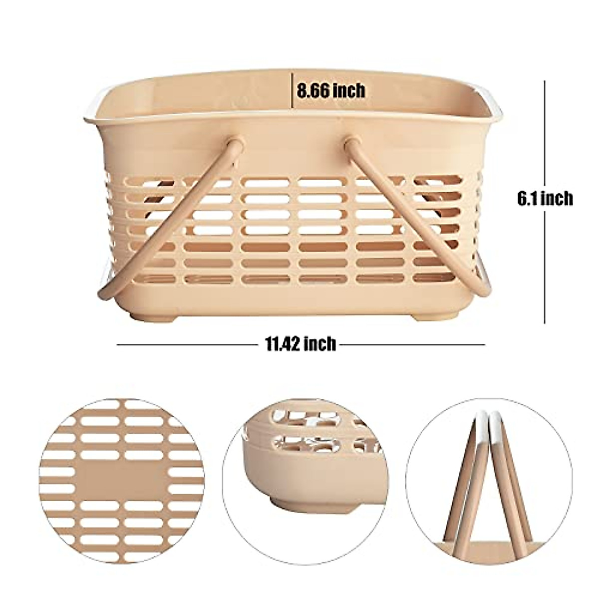 ALINK Plastic Shower Caddy Basket with Handle, Portable Organizer Storage Basket for College Dorm, Bathroom, Kitchen - Khaki
