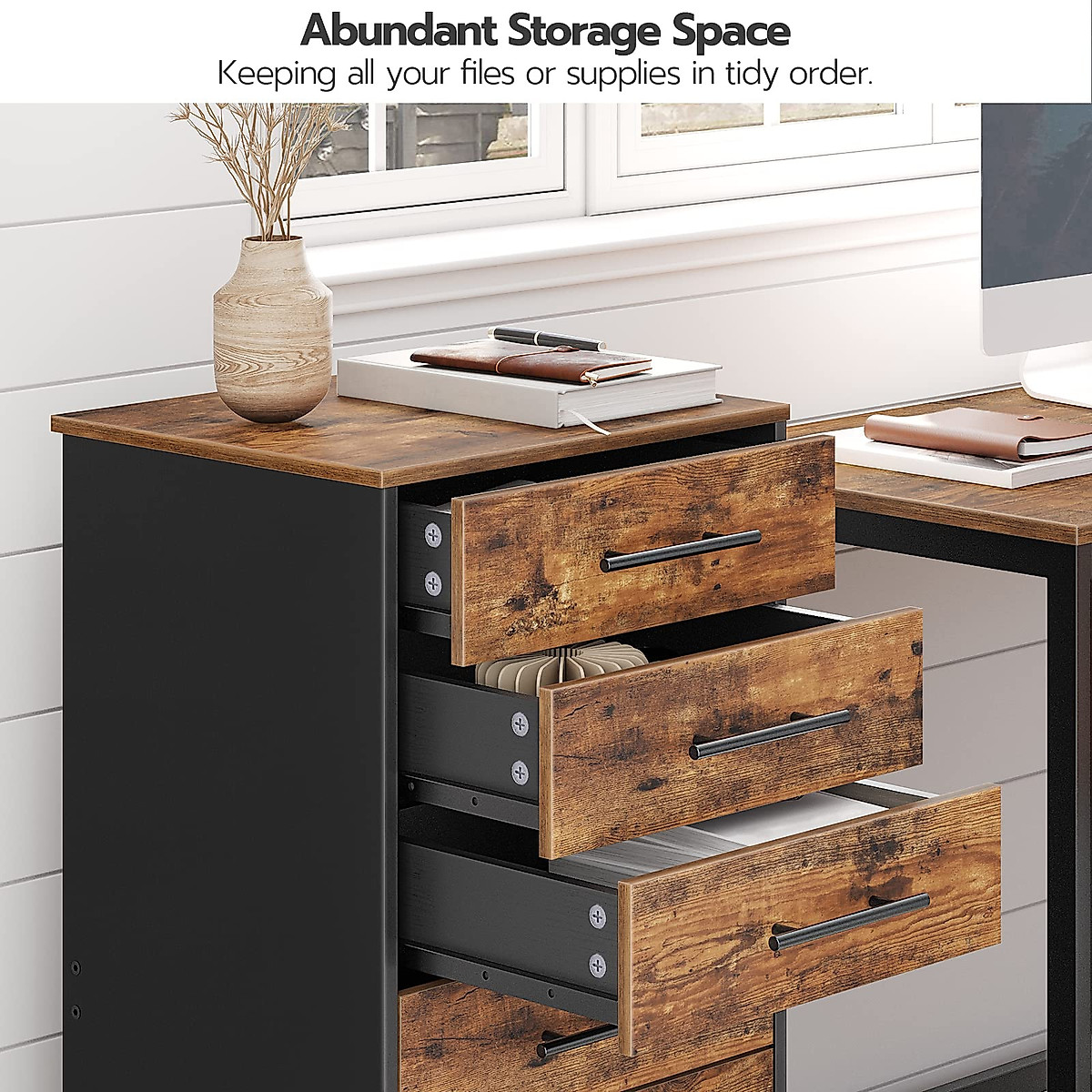 HOOBRO 7-Drawer Chest, File Cabinet, Wooden File Cabinet, Office Cabinet with Drawers, Storage Cabinet, for Home Office, Study, Easy Assembly, Rustic Brown and Black BF07WJ01