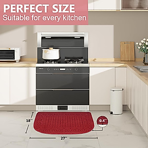 VANZAVANZU Half Round Kitchen Rug, Anti Fatigue Mat, Made of 100% Polypropylene, Non-Slip, Dirt-Resistant, Absorbent, Machine Washable, 27" x18" (Red)