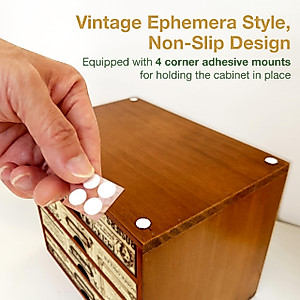 4-Drawer Vintage Ephemera Pattern Desktop Organizer - Arts and Craft Newspaper Design Desk Storage Cabinet - Ephemera Wood Shelf Drawers with Label Holders - Scrapbook Collecting