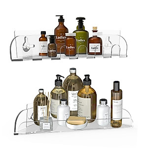 popbricks 2 Pack Acrylic Corner Shower Shelves, Clear Adhesive Shower Caddy Suction Cup for Tile Walls, Wall Mounted Bathroom Shower Shelf for Inside Shower & Kitchen Organizer Storage
