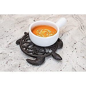 gasaré, Trivet for Hot Dishes, Pots and Pans, Metal Trivet, Sea Turtle Design, Cast Iron, Rubber Feet Caps, Ring Hanger, 8 ½ x 7 Inches, Brown Finish, 1 Unit