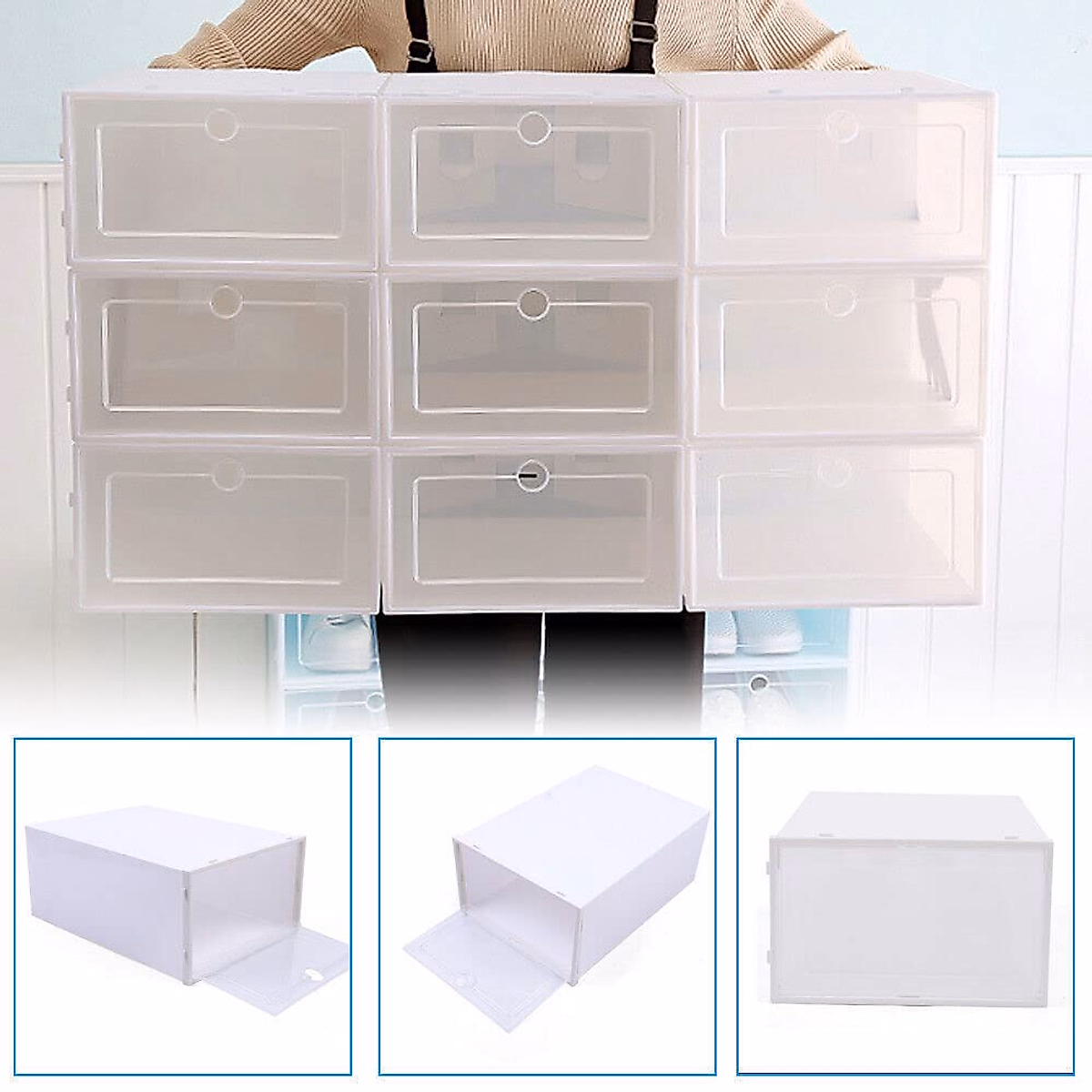 LUGBING 20 Pack Foldable Shoe Boxs, Clear Plastic Shoe Organizer for Closet, Space Saving Stackable Shoe Rack for Entryway, Drop Front, Under Bed