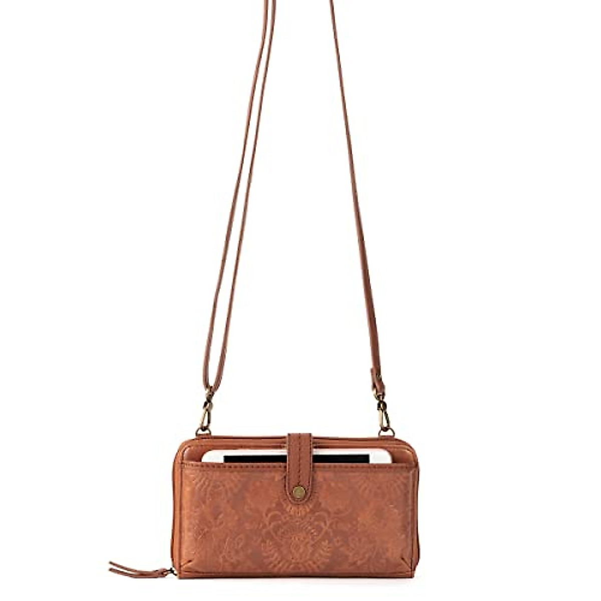 The Sak Iris Large Smartphone Crossbody Bag in Leather, Detachable Wristlet Strap, Tobacco Floral Embossed II