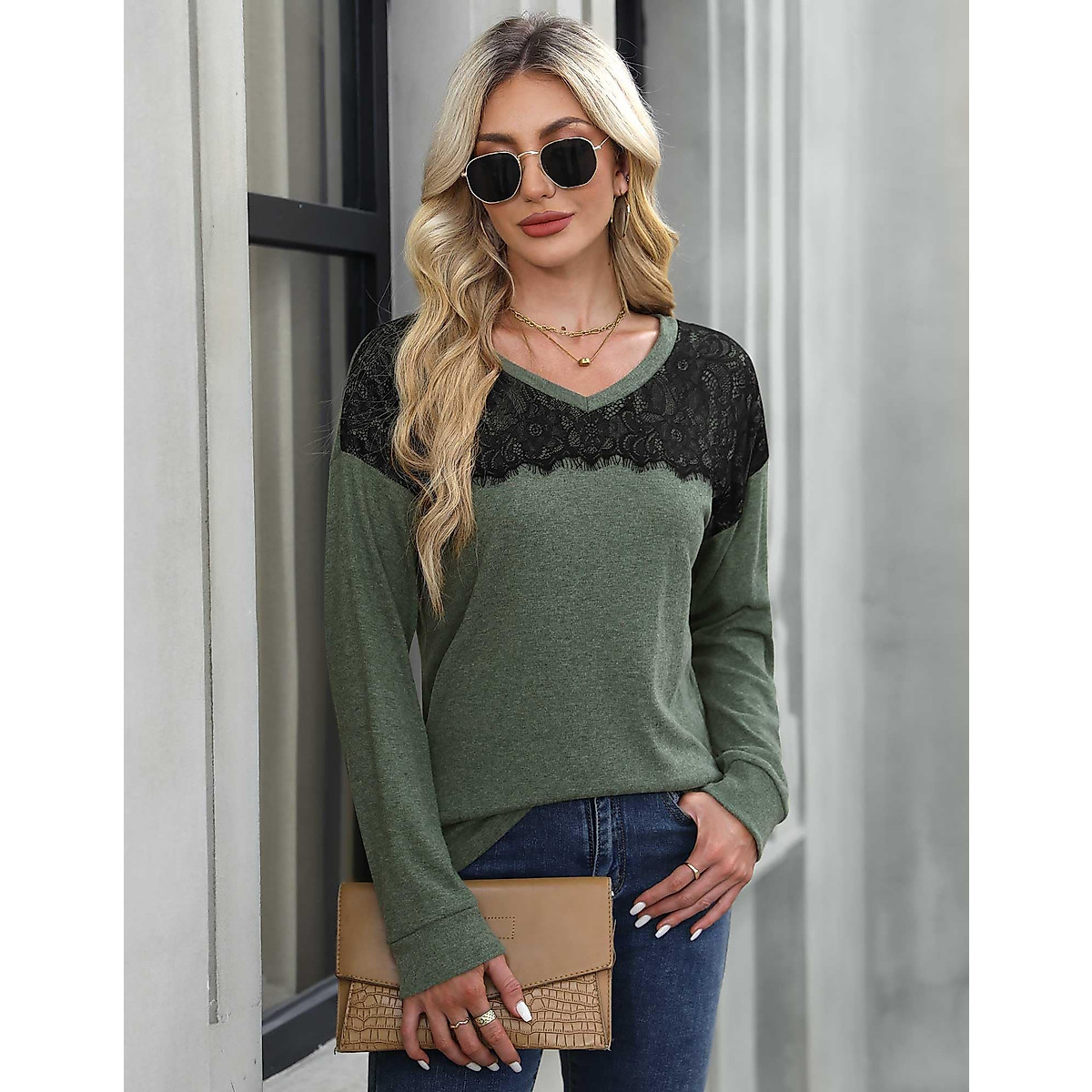 For G and PL Womens Casual Dressy Cotton Lace Trim Sweatshirt Fall Loose Fit Long Sleeve V Neck Top Sweater Forest Green L