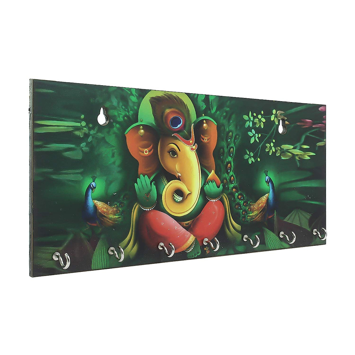 eCraftIndia Lord Ganesha with Peacocks Design Wooden Key Holder with 7 Hooks for Wall Decor and Organization - Ideal for Home, Kitchen, Hallway, Bedroom, Living Room, Office - Housewarming Gift