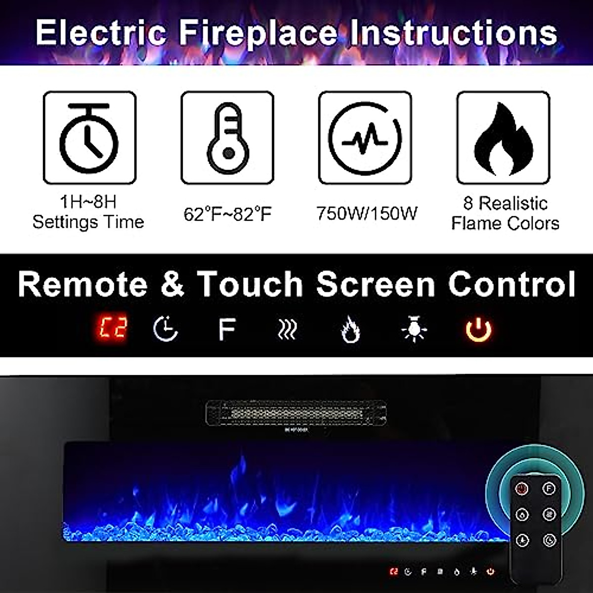 LUXOAK 80" Fireplace TV Stand, Modern High Gloss Finish Media Console with 40" Electric Fireplace, Open Storage Entertainment Center for TVs Up to 90" with LED Lights, White
