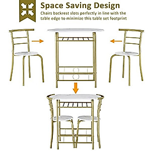 VECELO 3 Piece Small Round Dining Table Set for Kitchen Breakfast Nook, Wood Grain Tabletop with Wine Storage Rack, Save Space, 31.5", White & Gold