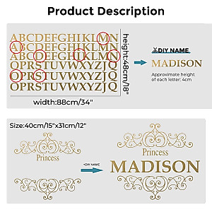 ZIHENG Princess DIY Custom Name Cartoon Wall Decals PVC Mural Art DIY Poster for Living Room Kids Room Girl Room Nursery Bedroom Personalized Names Wall Decal Home Decor