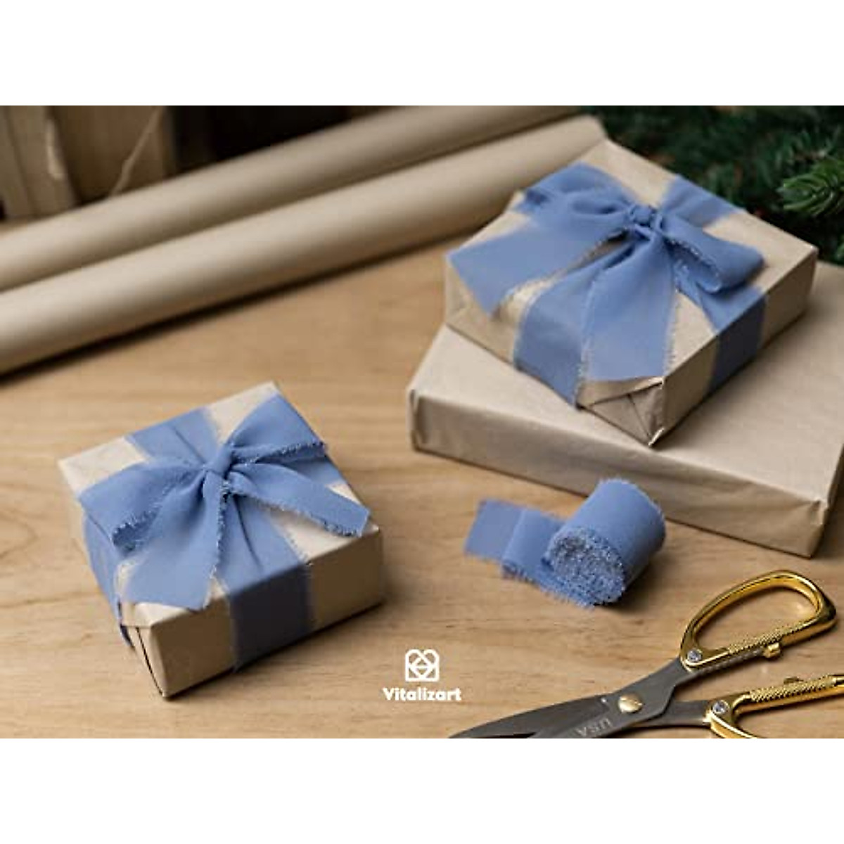 Vitalizart Dusty Blue Ribbon Chiffon Silk Ribbon 1.5" x 7Yd Handmade Fringe Ribbon for Gift Wrapping Wedding Invitations Bridal Shower Bouquets