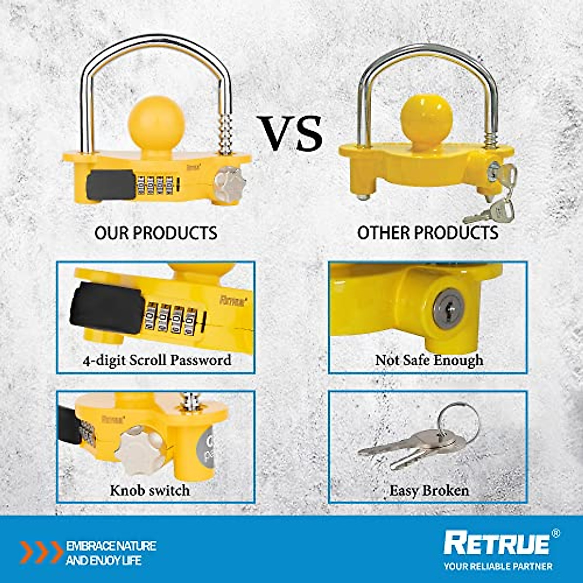 RETRUE Universal Coupler Lock Trailer Locks Ball Hitch Trailer Hitch Lock Adjustable Security Heavy-Duty Steel fits 1-7/8 Inch, 2 Inch, 2-5/16 Inch Couplers, Yellow, Combination Lock,No Key Needed