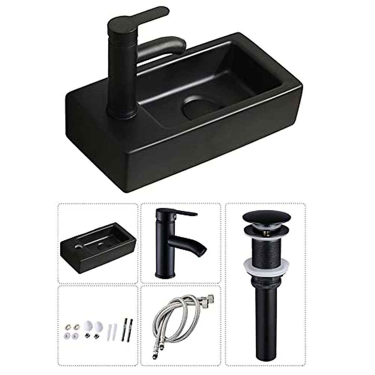 Black Bathroom Rectangle Wall Hung Porcelain Ceramic Small Sink Wash Art Basin with Overflow&Faucet for Cloakroom Lavatory Toilet (Left Hand)