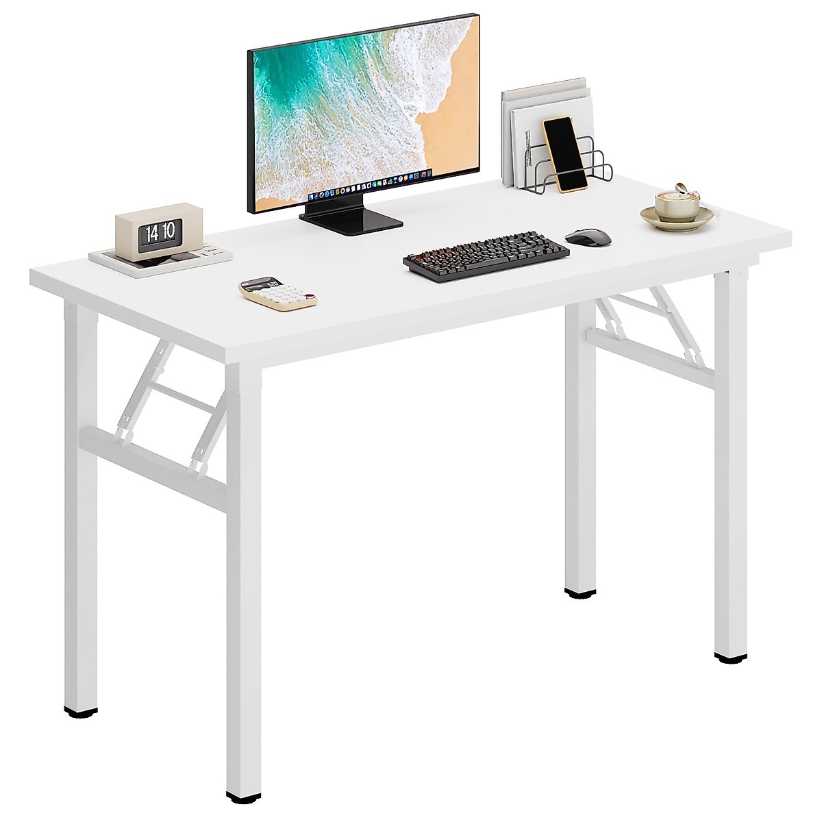 DlandHome Computer Desk Folding Table 39.4 inches Writing Desk for Small Space Folding Desk Laptop Desk No Assembly Required White&White