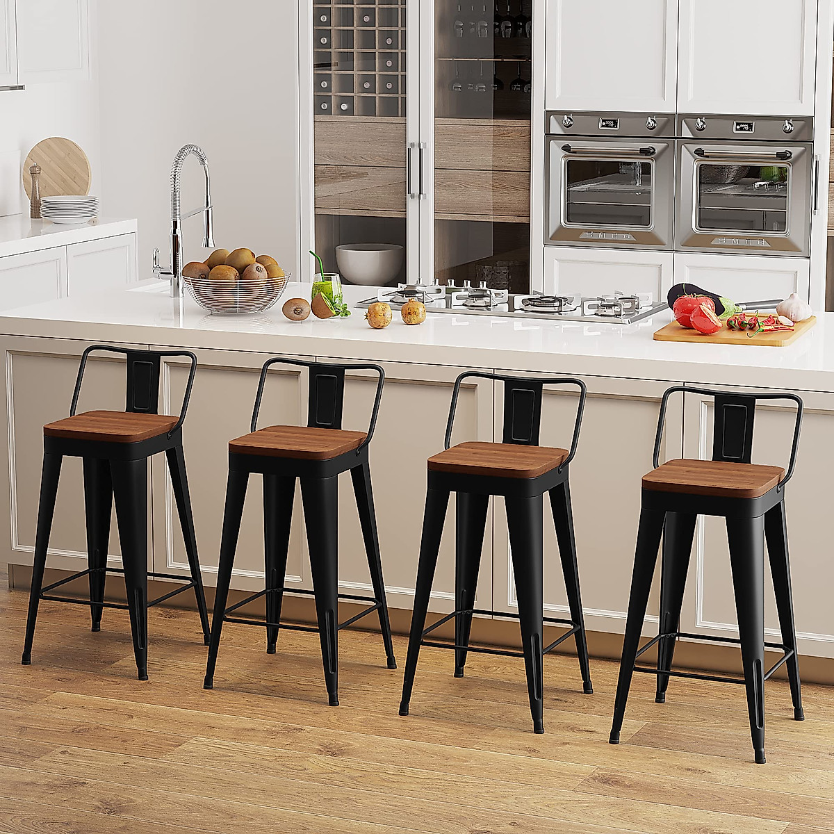 POINTANT Bar Stools Set of 4 Metal Bar Stool Counter Height Bar Stools Black, Modern Bar Chairs with Back and Wooden Seat 30" Bar Stools Counter Height