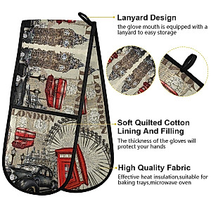 DOMIKING Quilted Double Oven Mitt - Vintage London Poster Connected Oven Mitts Oven Gloves Great for BBQ Grilling Cooking