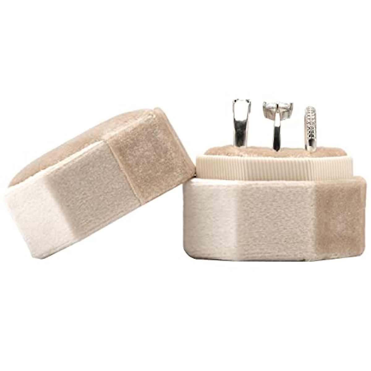 Equal Octagon Velvet Ring Box Storage 3 Slots for Wedding Ceremony Proposal Engagement Birthday Gift (Beige)