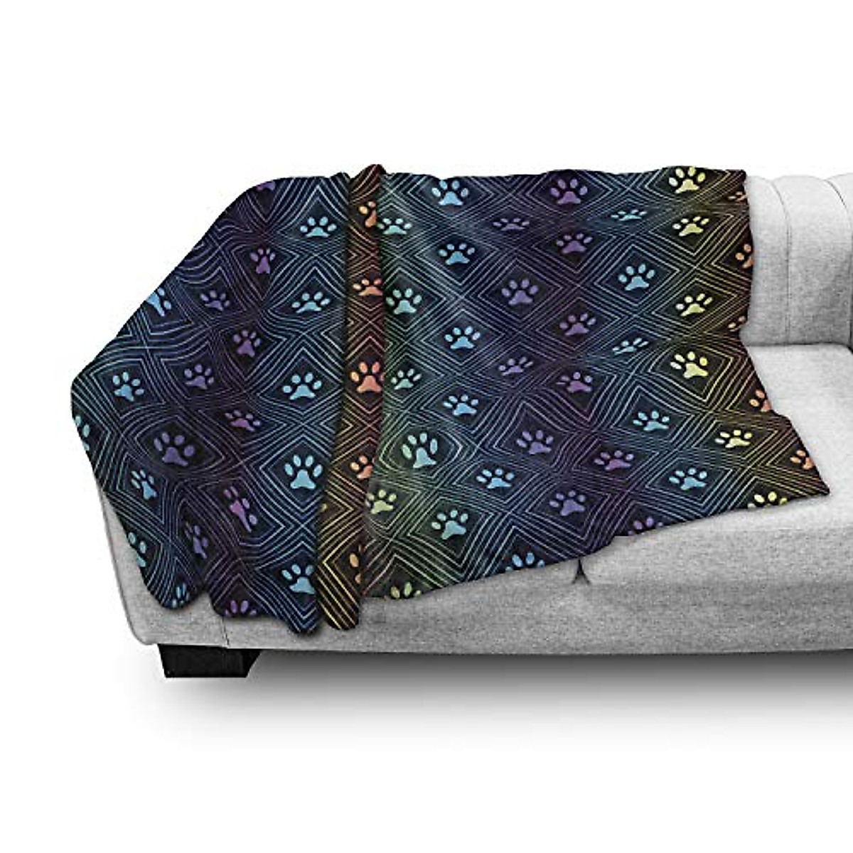 Ambesonne Dog Lover Soft Flannel Fleece Throw Blanket, Paw Print Pattern Diamond Shaped Rhombus Shapes Design Geometric Arrangement, Cozy Plush for Indoor and Outdoor Use, 70" x 90", Blue Orange
