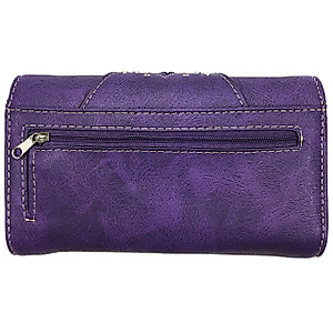 Western Gleaming Buckle Floral Cowgirl Women Crossbody Wrist Trifold Wallet (Purple)