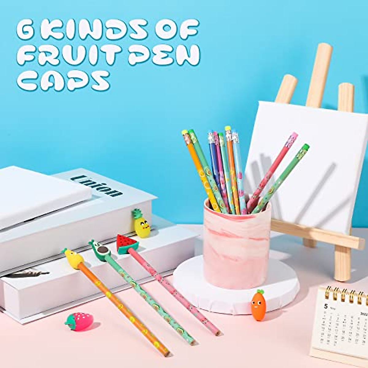 42 Pieces Scented Pencils Fun Pencil with Eraser Cartoon Pencil Toppers Fruit Pencil Toppers with Pencil Toppers Lovely Wood Pencil with Fruit Element Graphite Pencil