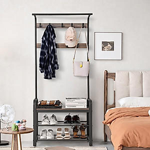 cenivi Hall Tree with Bench and Shoe Storage, 4-In-1 Entryway Bench with Coat Rack, with Hanging Rod, 9 Removable Coat Hooks, Shoes Rack, Assembled Hall Tree with Storage Furniture, Gray