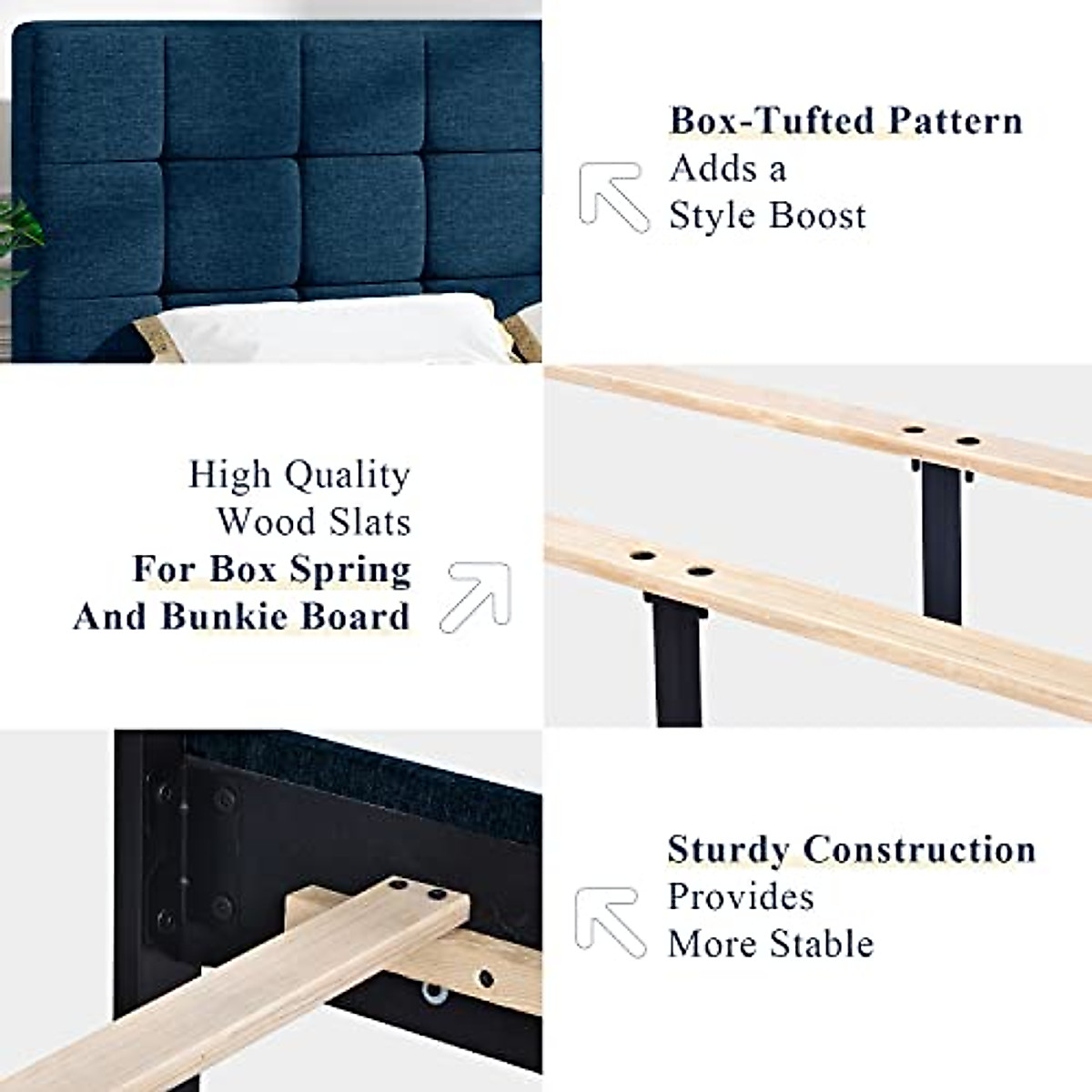 Allewie Queen Size Panel Bed Frame with Adjustable Headboard for High Profile/Fabric Upholstered/Square Stitched Padded Headboard/Box Spring or Bunkie Board Required/Navy Blue