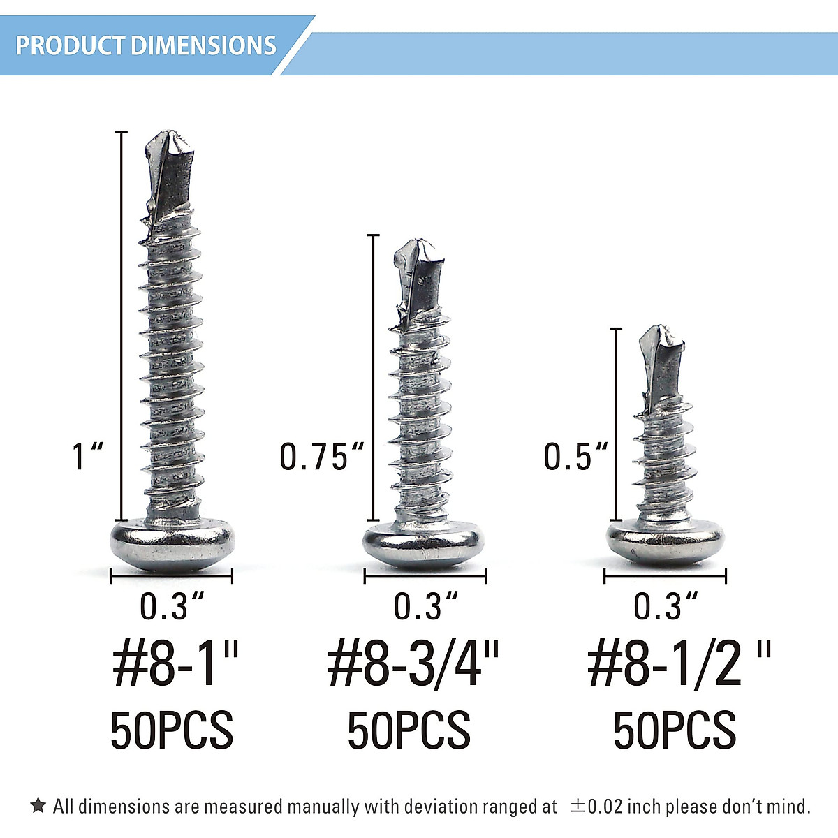 Jetovo 150 Pack 410 Stainless Steel Pan Head Phillips Self Drilling Screws Sheet Metal Tek Screws Assortment Kit - Size: #8 x 1/2" #8 x 3/4" #8 x 1"