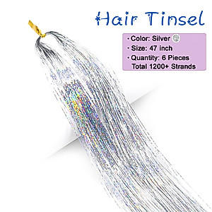 MISSUHUI Hair Tinsel Kit With Tools 48 Inch 1200 Strands Glitter Tinsel Hair Extensions Sparkling Shiny Hair Tinsel Strands Kit Heat Resistant for Women Girls 6Pcs (Silver)