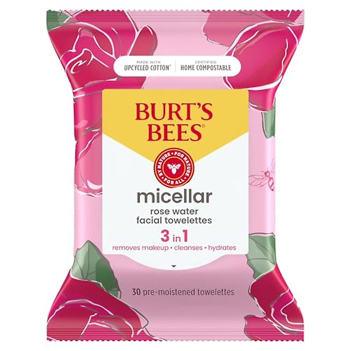 Burt's Bees Rose Water Face Wipes, for All Skin Types, Hydrating Micellar Makeup Remover & Facial Cleansing Towelettes, 30 Ct (3-Pack)